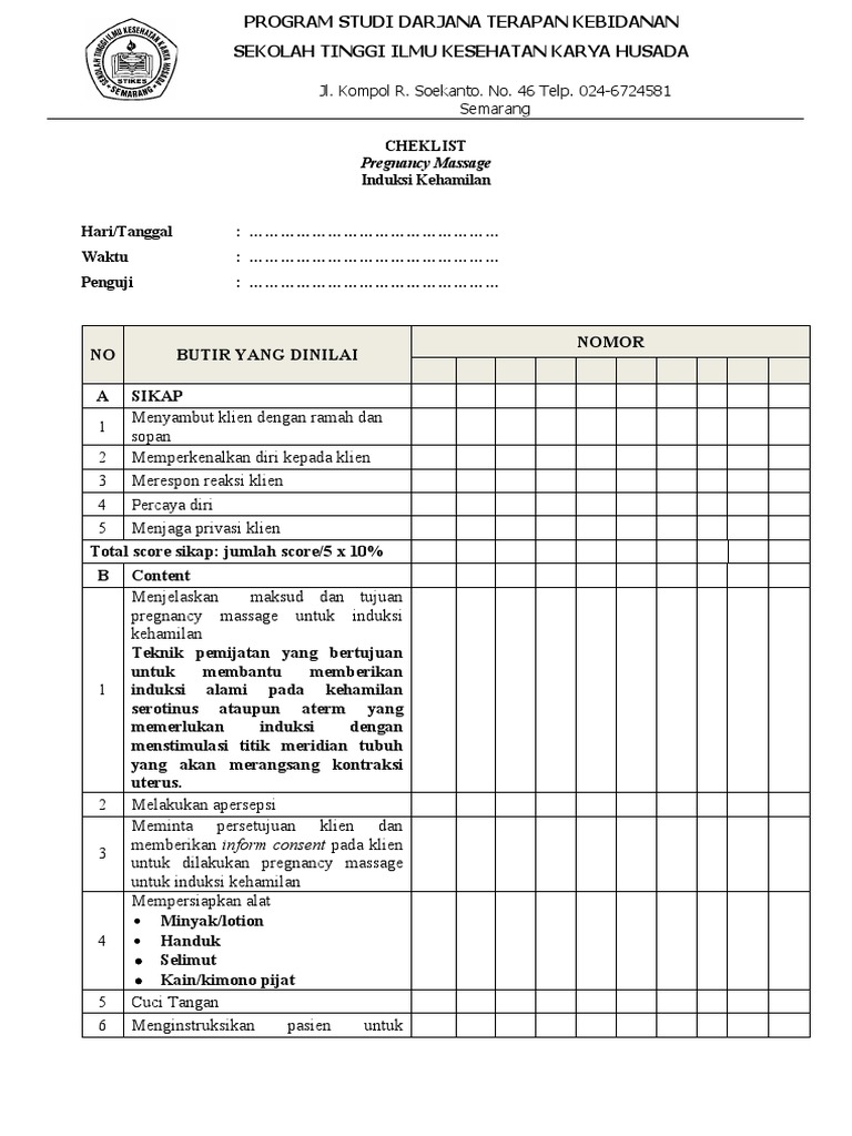 CHECKLIST Pregnancy Massage Induksi Kehamilan | PDF