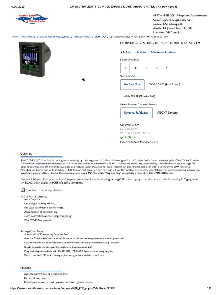 J.P. INSTRUMENTS EDM-730 ENGINE MONITORING SYSTEM - Aircraft Spruce ...