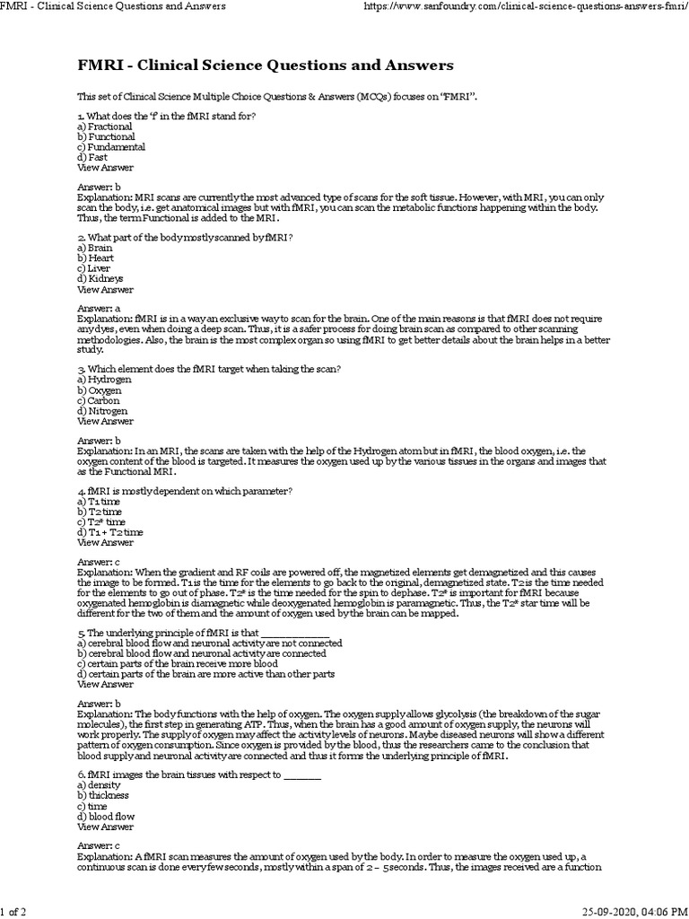 FMRI - Clinical Science Questions and Answers | PDF | Functional ...