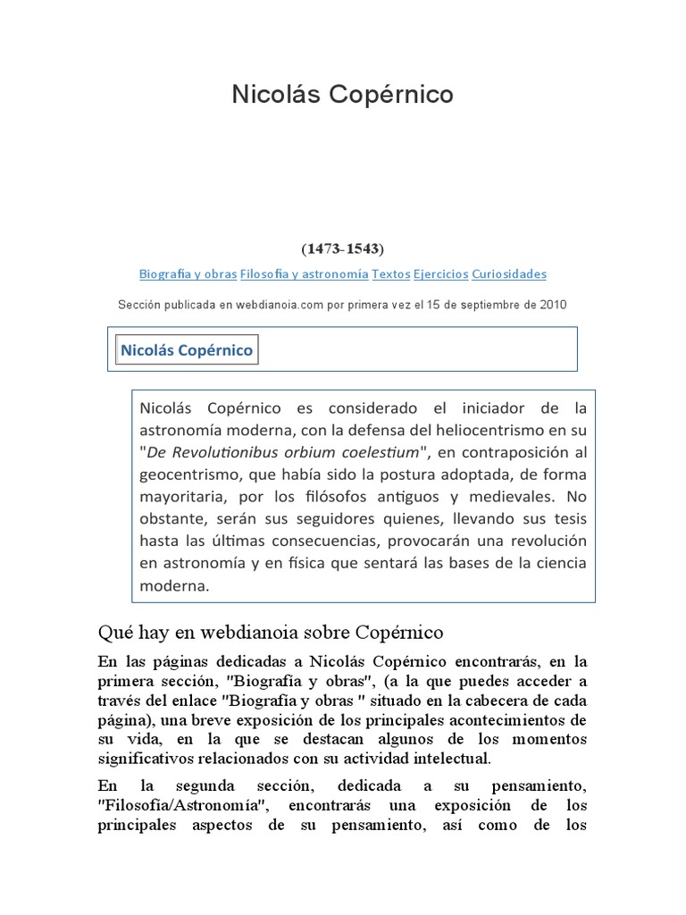 Nicolás Copérnico: Heliocentrismo y Filosofía | PDF | Nicolás Copérnico ...
