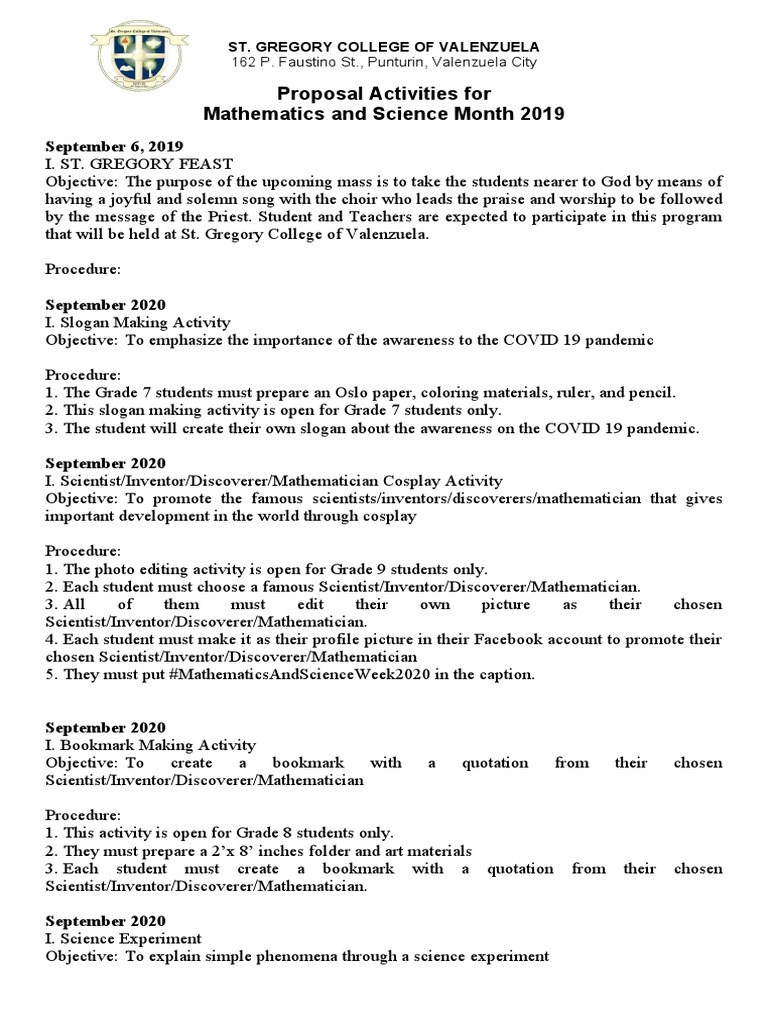 Proposal Activities For Mathematics and Science Month 2019: September 6 ...
