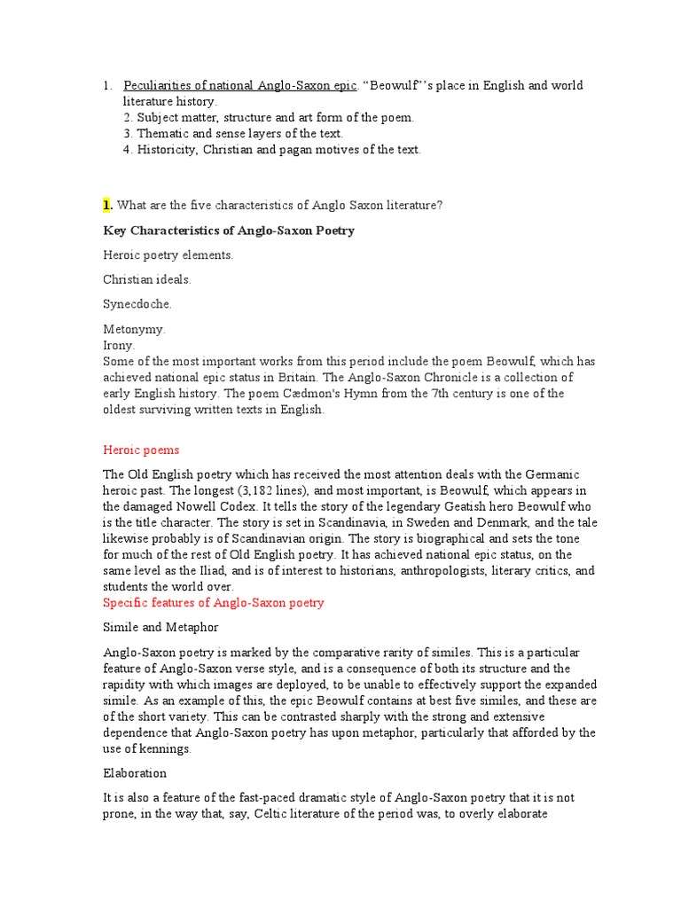 Key Characteristics of Anglo-Saxon Poetry: Heroic Poems | PDF | Beowulf ...