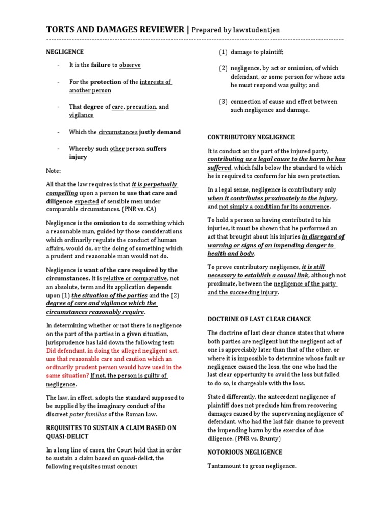 Torts and Damages Reviewer | PDF | Negligence | Damages
