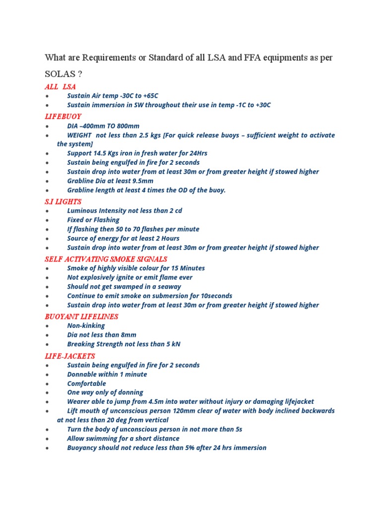 SOLAS requirements for LSA and FFA equipment | PDF | Ships | Nature