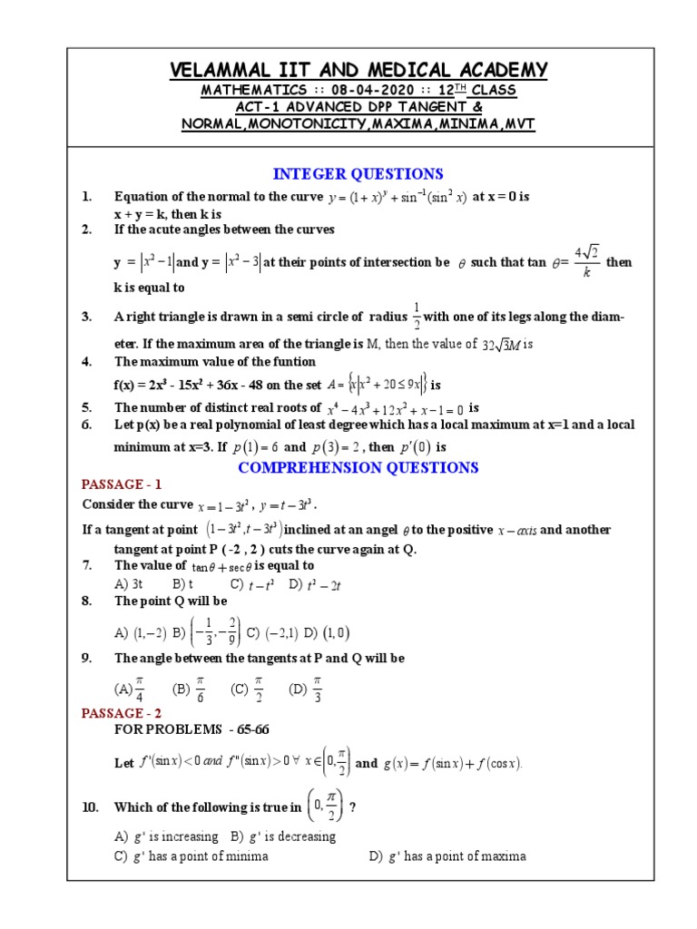 Velammal Iit and Medical Academy: Integer Questions | PDF | Maxima And Minima | Abstract Algebra