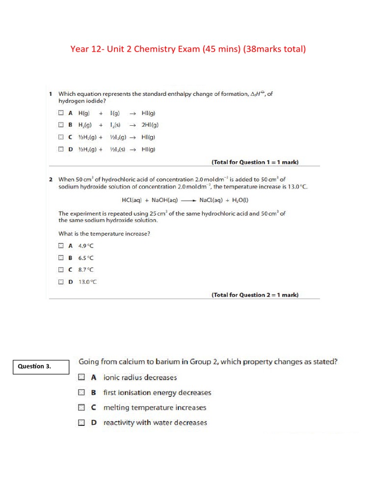 Year 12 Chemistry Exam Paper | PDF