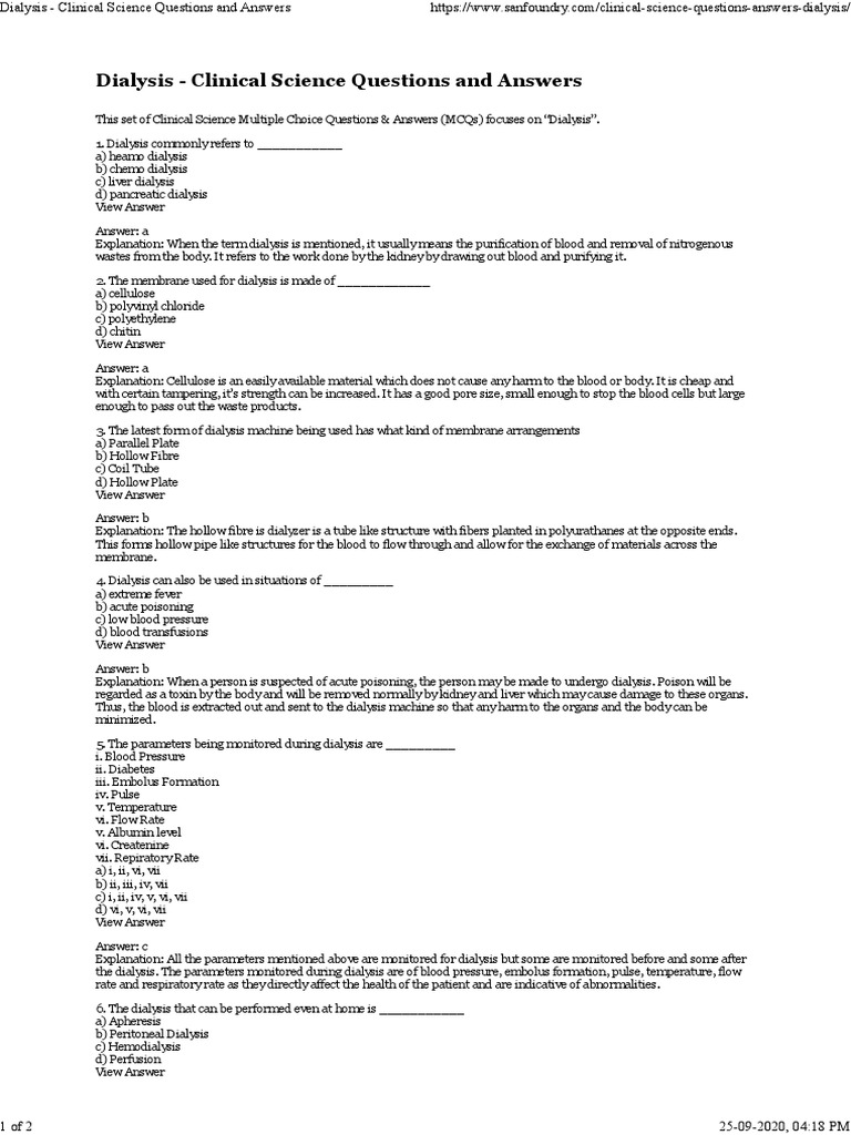 Dialysis - Clinical Science Questions and Answers | PDF | Dialysis ...