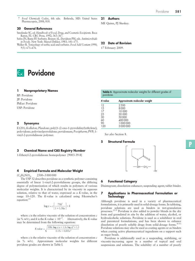 Povidone 581 | PDF | Pharmaceutical Formulation | Tablet (Pharmacy)