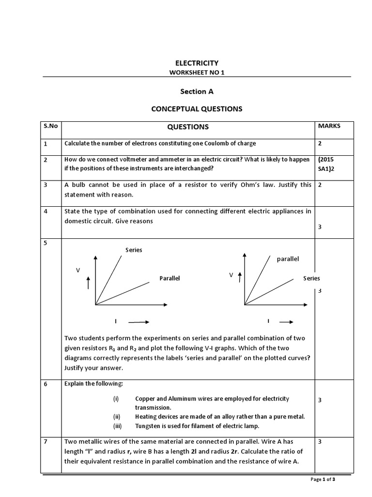 CBSE Class 10 Physics Worksheet - Electricity | PDF | Series And ...