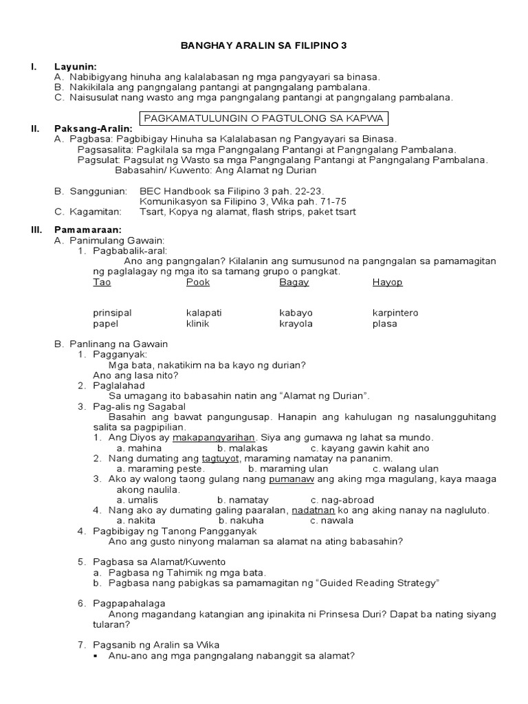 Banghay Aralin Sa Filipino 3 | PDF
