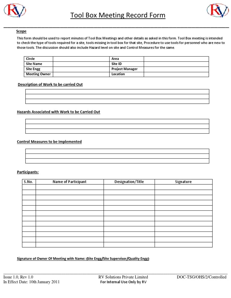 Tool Box Meeting Form | PDF