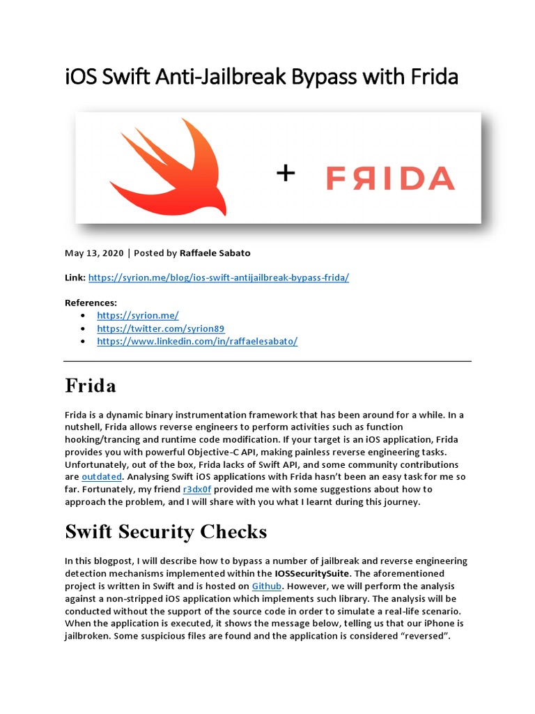 iOS Swift Anti-Jailbreak Bypass With Frida | PDF | Swift (Programming ...