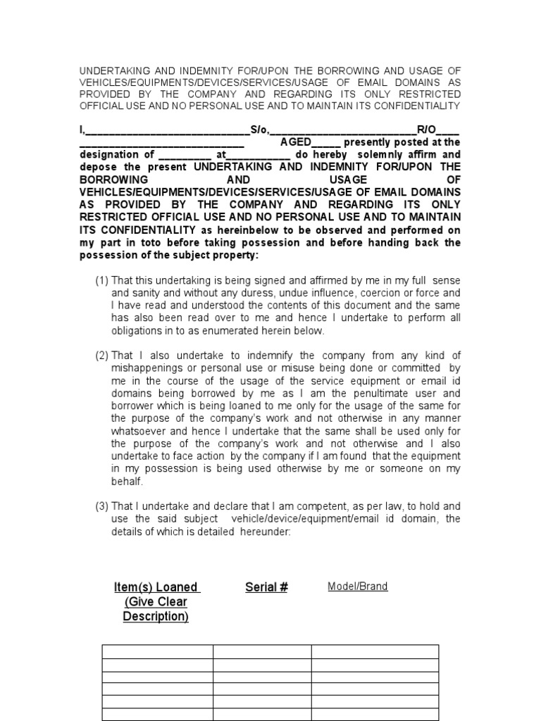 Item(s) Loaned (Give Clear Description) Serial # | PDF | Indemnity ...
