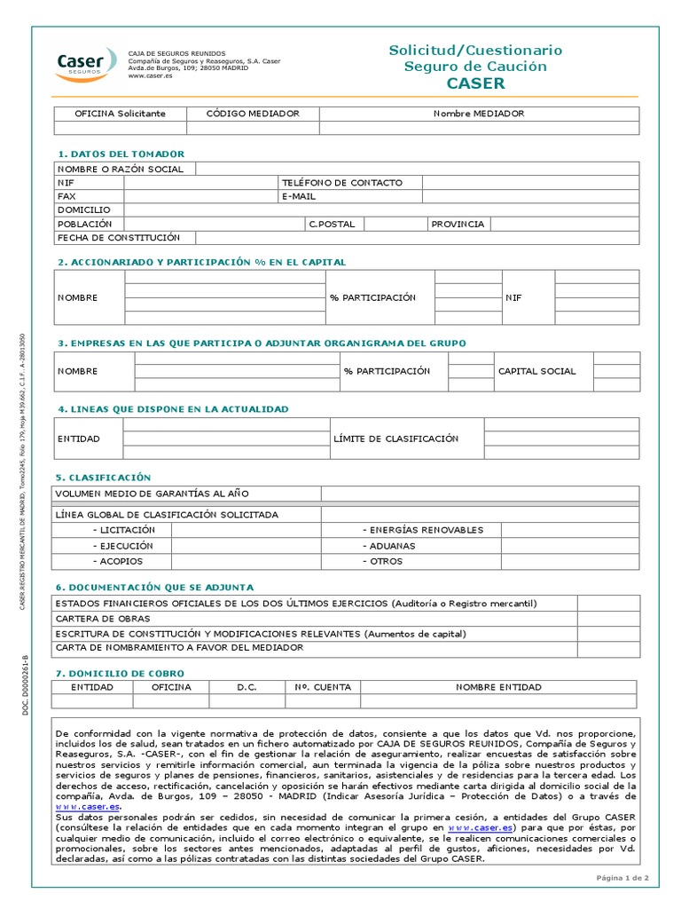 Cuestionario CASER Solicitud Caución | PDF | Reaseguro | Seguro