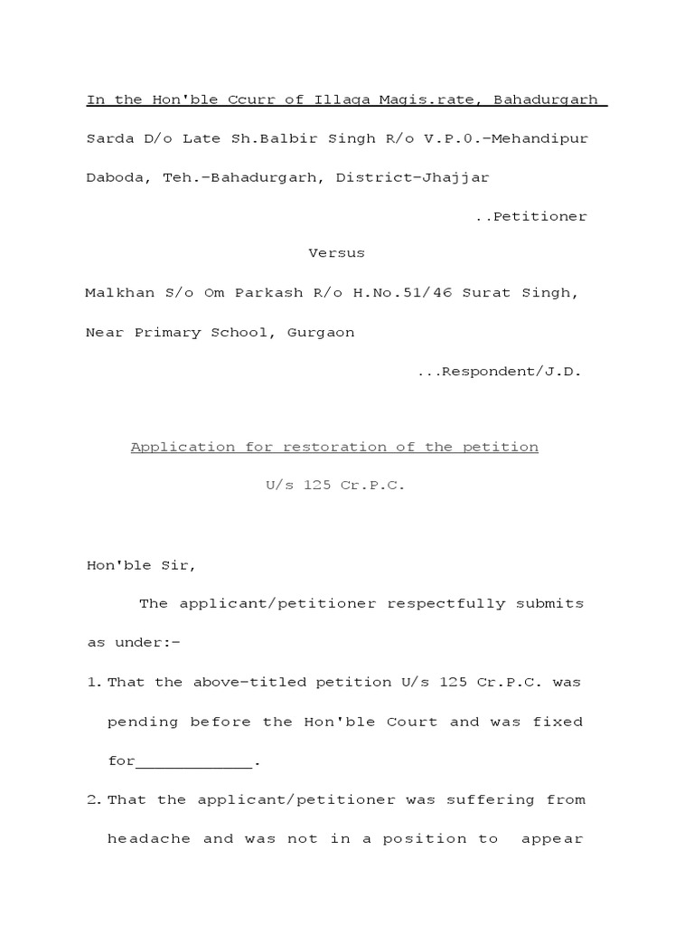 Restoration Application Under 125 CrPC | PDF | Legal Procedure | Virtue