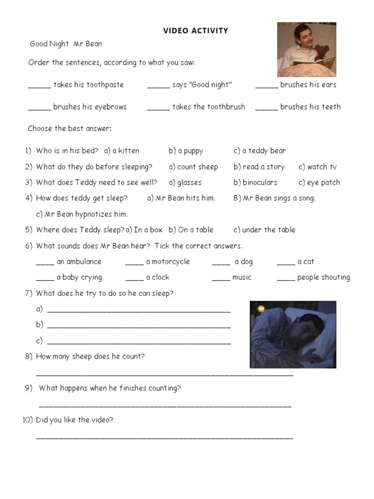 Good Night MR Bean Video Activity | PDF