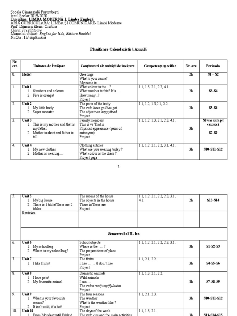 Clasa: Pregătitoare: Planificare Calendaristică Anuală | PDF ...