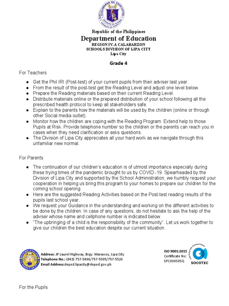 GRADE 4 Reading Assessment (English Phil-Iri) | PDF | Foods