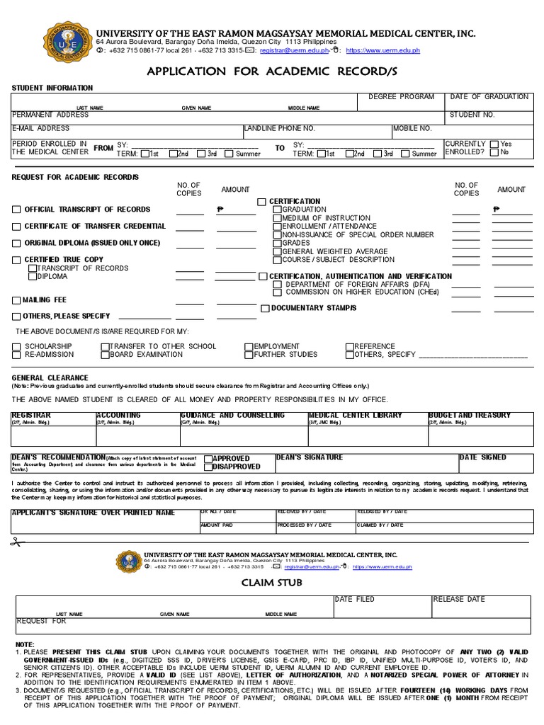 UERM Academic Records Application Form | PDF | Identity Document ...