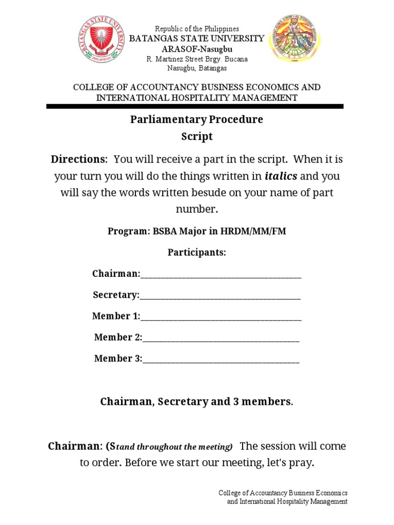 Parliamentary Procedure Script Directions: You Will Receive A Part in ...