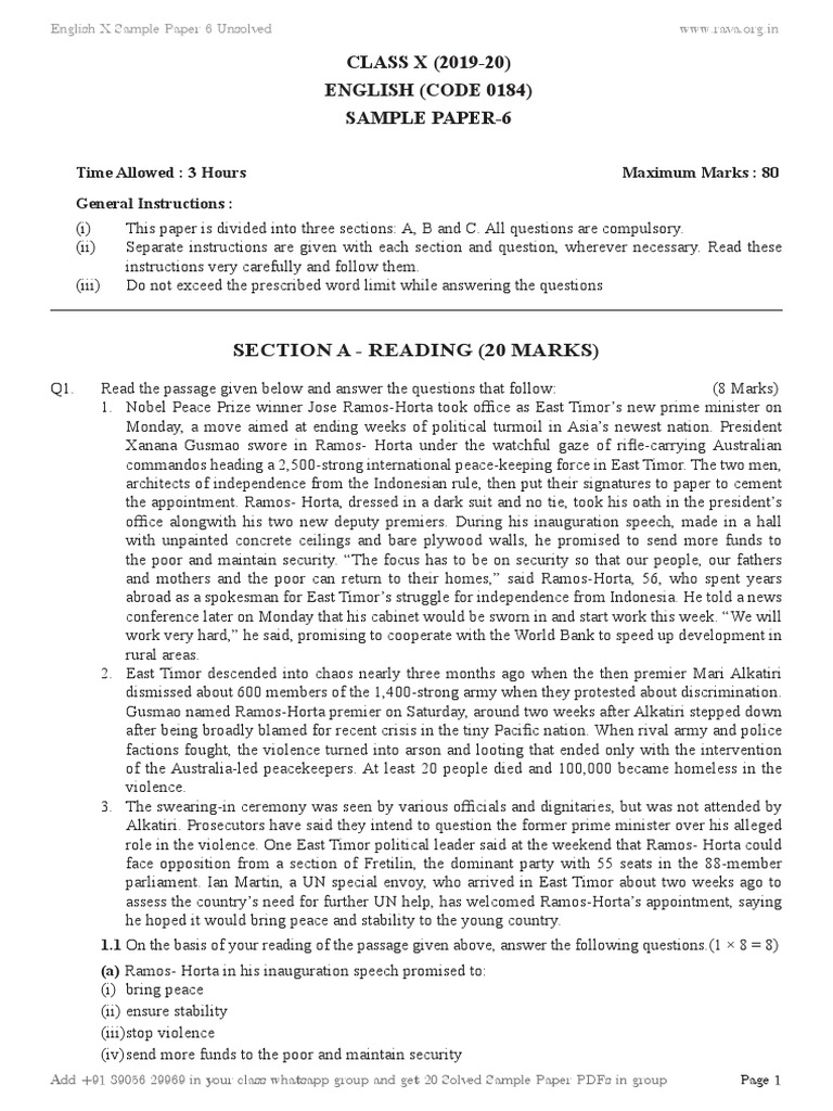 Class 10 English Board 2020 Sample Paper | PDF | Nature