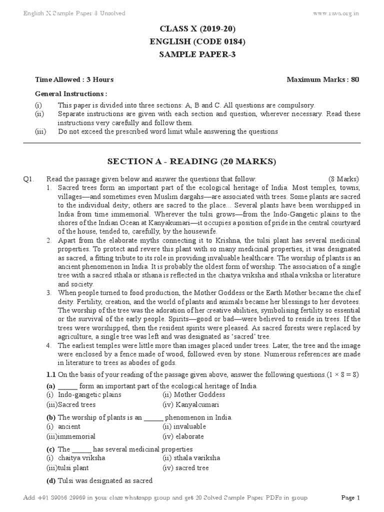 English Board 2020 Sample Paper | PDF | Tiger | Zoo