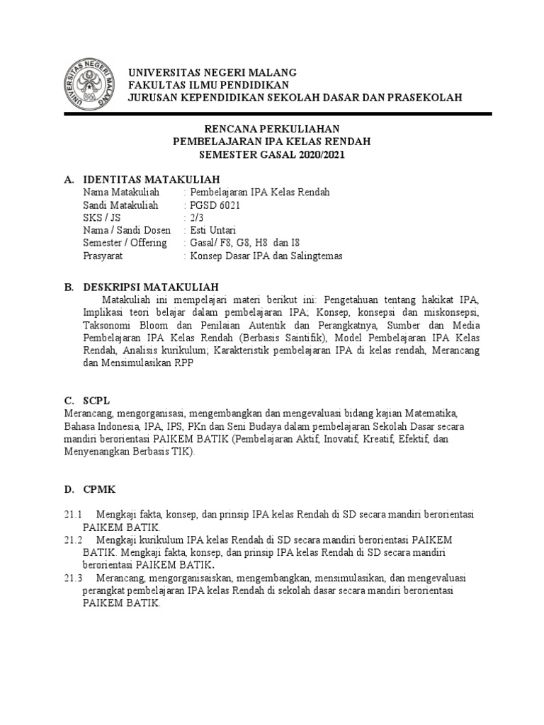 RPS - Pembelajaran IPA Kelas Rendah | PDF