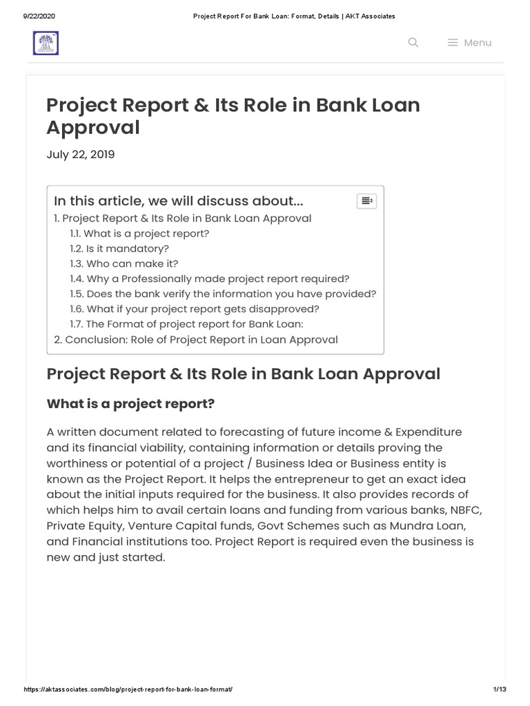 Project Report For Bank Loan - Format, Details - AKT Associates | PDF ...