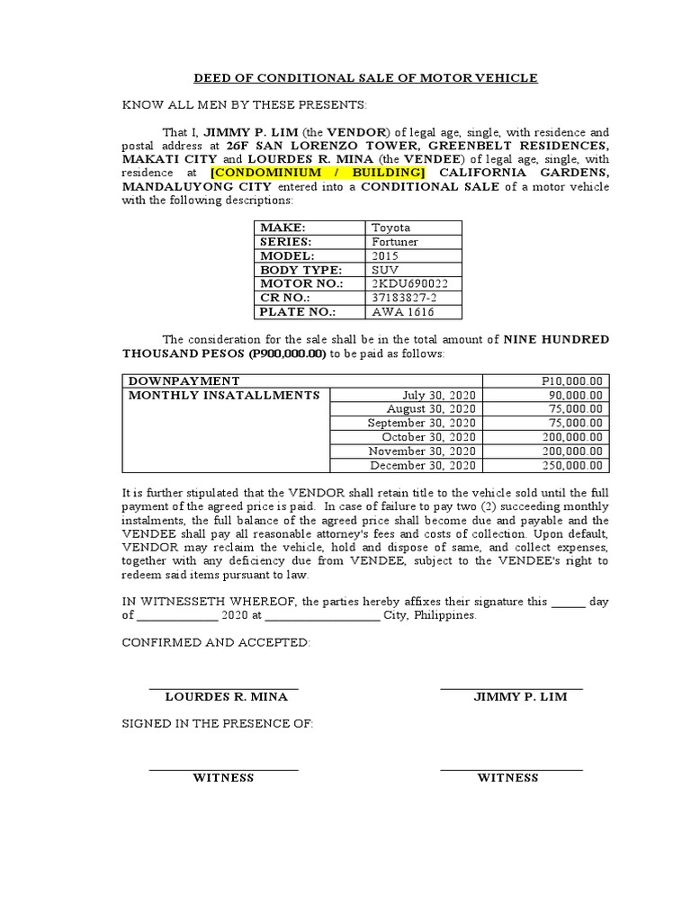 Deed of Conditional Sale of A Motor Vehicle - 09172020 | PDF | Common ...