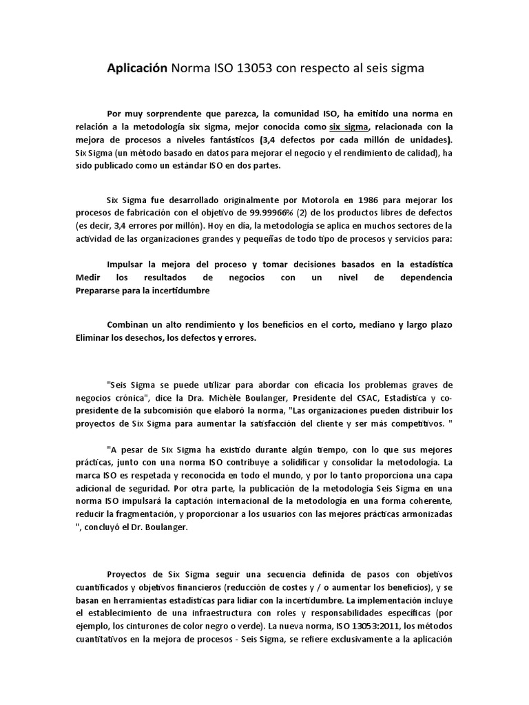 Aplicación de la norma ISO 13053 sobre la metodología Six Sigma para ...