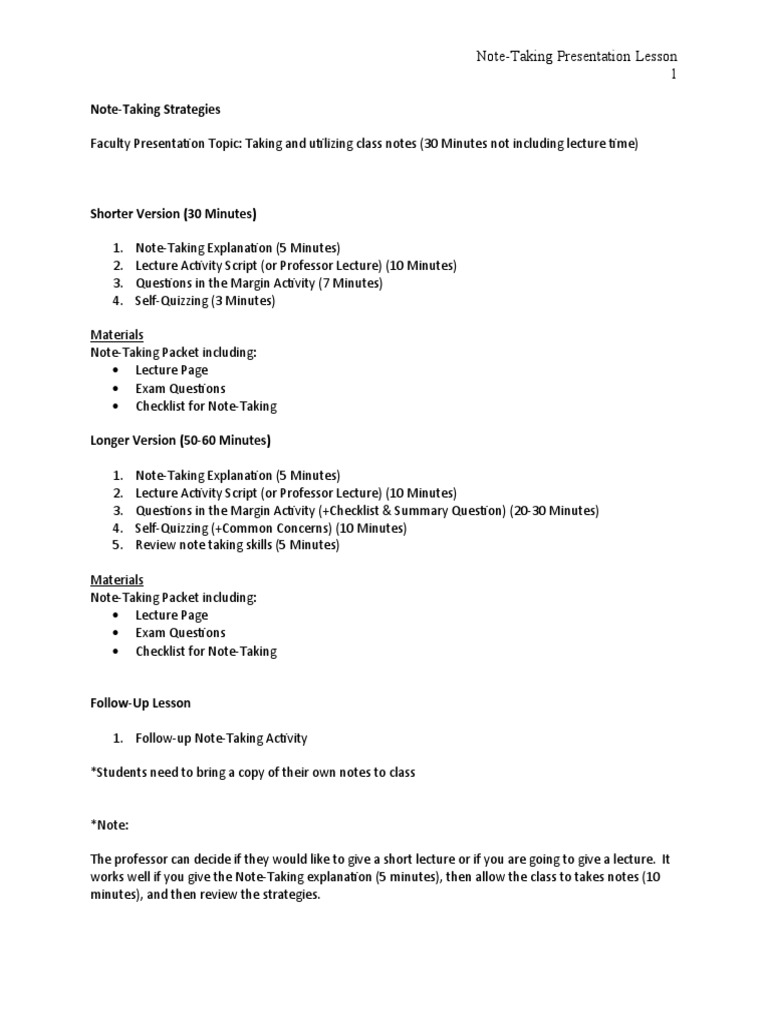 Note-Taking Presentation Lesson | PDF | Memory | Question