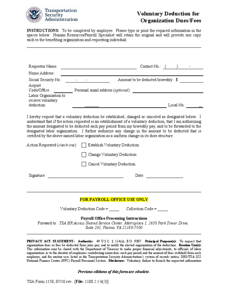 TSA Form 1158 FINAL 100701 - AFGE Membership Form | PDF ...