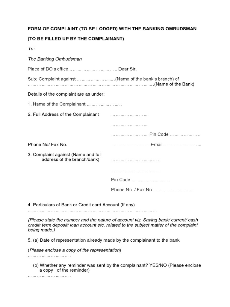 Form of Complaint With Banking Ombudsman | PDF | Banks | Common Law