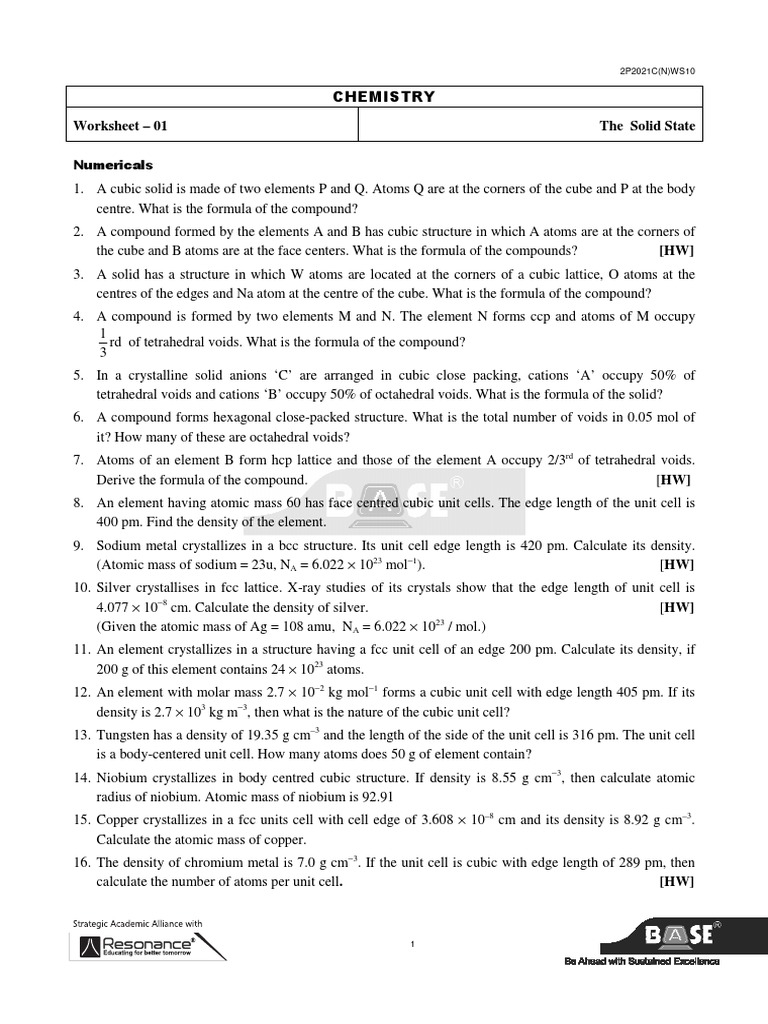 Worksheet - 01 The Solid State: Chemistry | PDF | Crystal Structure ...