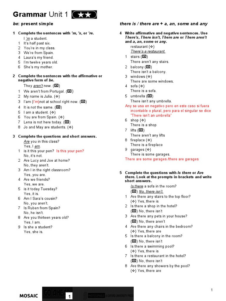 Grammar Unit 1: Be: Present Simple There Is / There Are + A, An, Some and Any | PDF | Syntax ...
