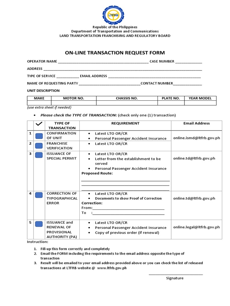 LTFRB Online Transaction Request Form | PDF | Transport | Business