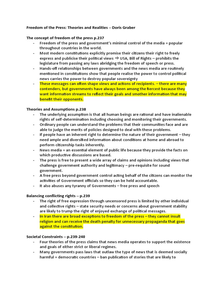 Freedom of The Press: Theories and Realities - Doris Graber The Concept ...