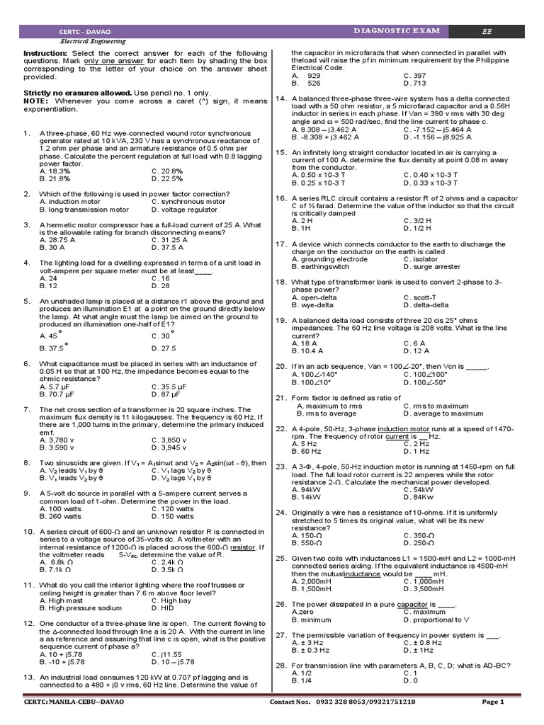 Electrical Engineering Diagnostic Exam | PDF | Electric Motor | Inductance