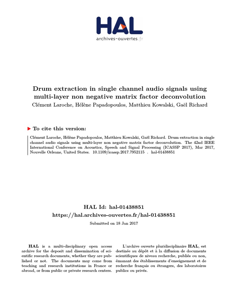 A Multi-Layer Non-Negative Matrix Factorization Approach for Drum Extraction in Single Channel ...