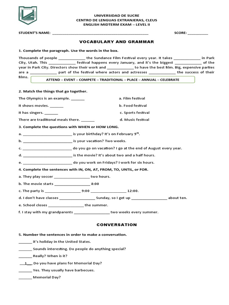 English Exam Level 2 | PDF | Foods