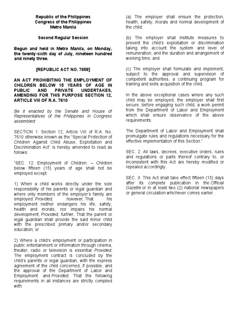 Republic Act No. 7658 - Anti Child Labor | PDF | Employment | Labour Law