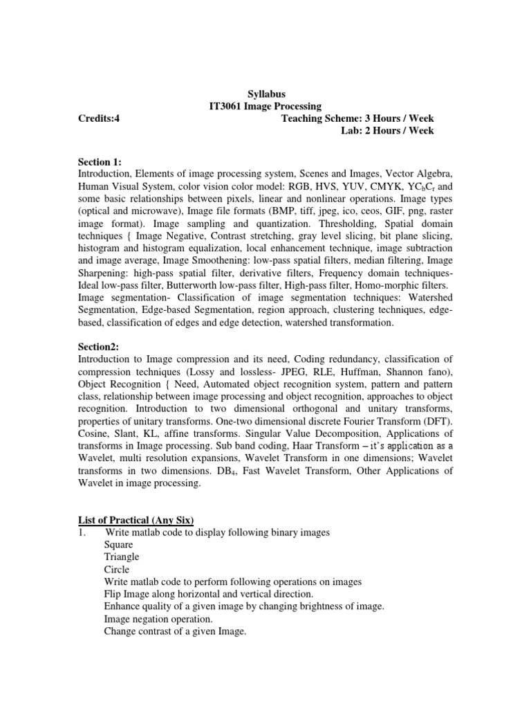 Syllabus IT3061 Image Processing Credits:4 Teaching Scheme: 3 Hours ...