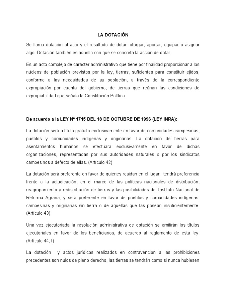 La Dotacion de Acuerdo A La Ley Inra 1715 | PDF | Dominio eminente ...