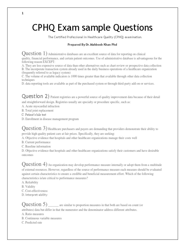 CPHQ Exam Sample Questions: Question 1) | PDF | Preventive Healthcare ...
