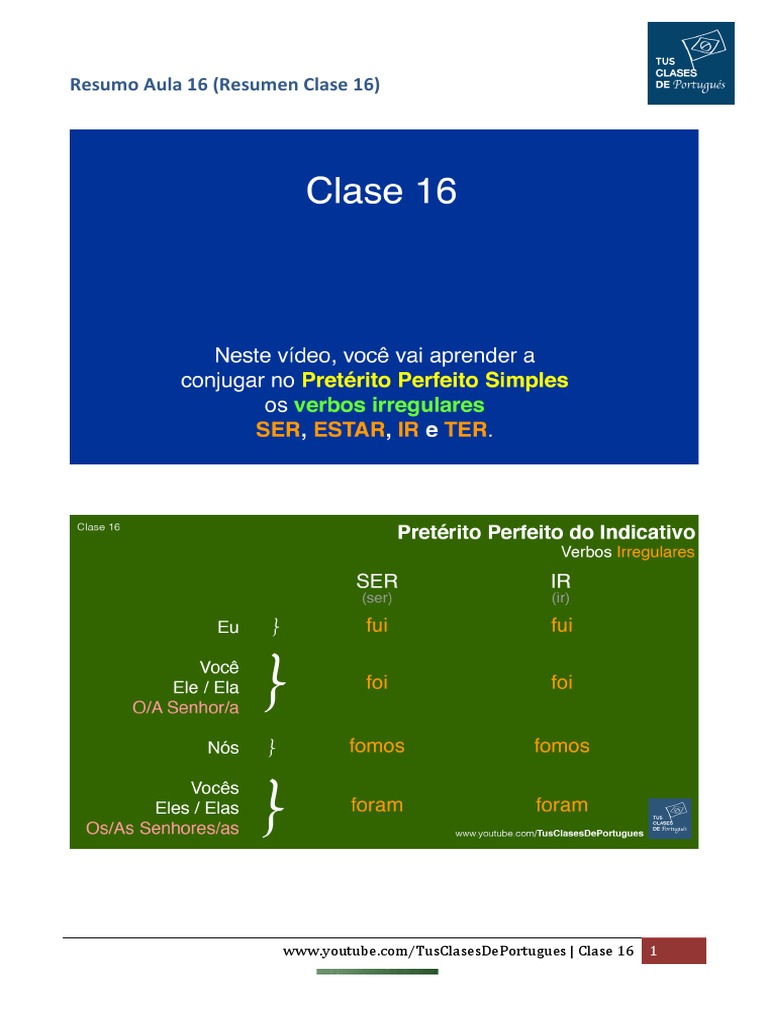 Pretérito Perfeito Simples VERBOS IRREGULARES Do Indicativo Com ...