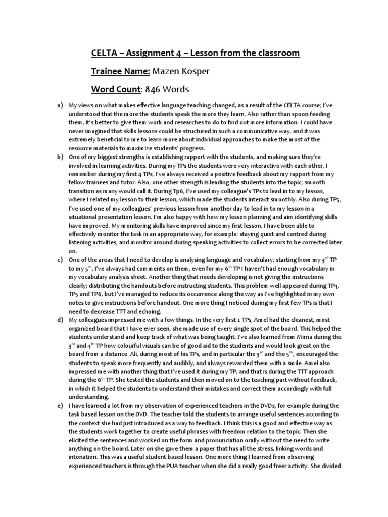 Self-Assessment CELTA - Assignment - 4 - Lesson - From - Classroom ...