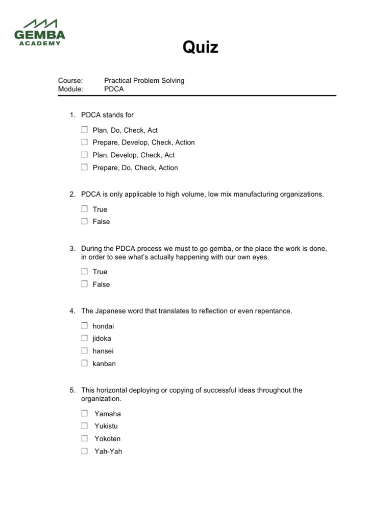 Quiz Pdca PDF | PDF | Career & Growth | Business