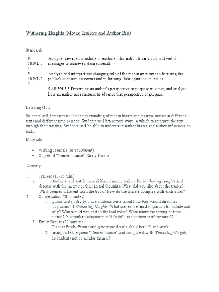 Wuthering Heights Mini-Lesson | PDF | Wuthering Heights | Human ...