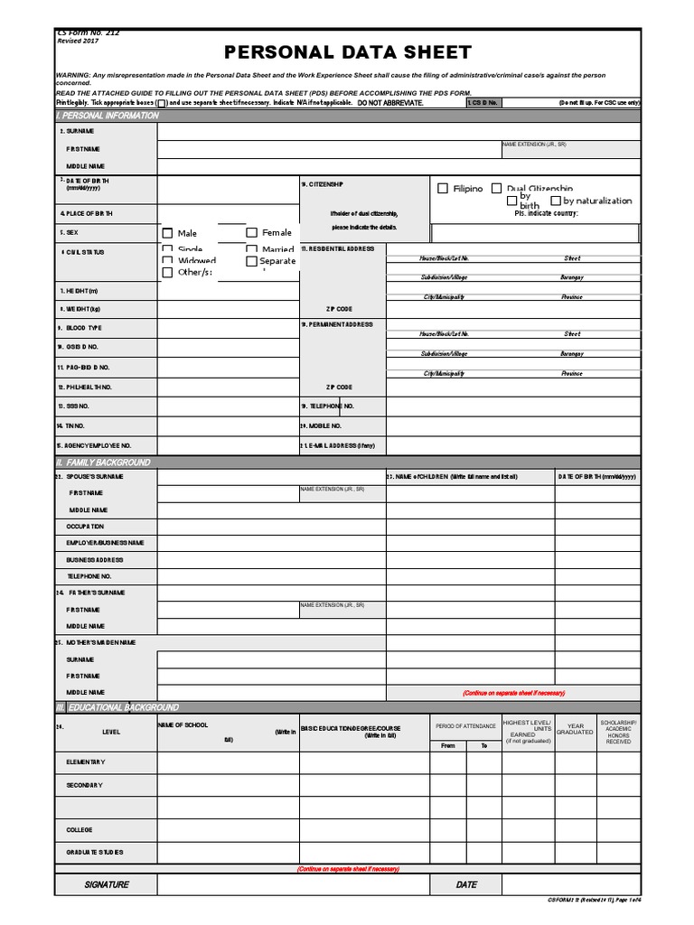 CS Form No. 212 Personal Data Sheet Revised (2) | Passport | Personally ...