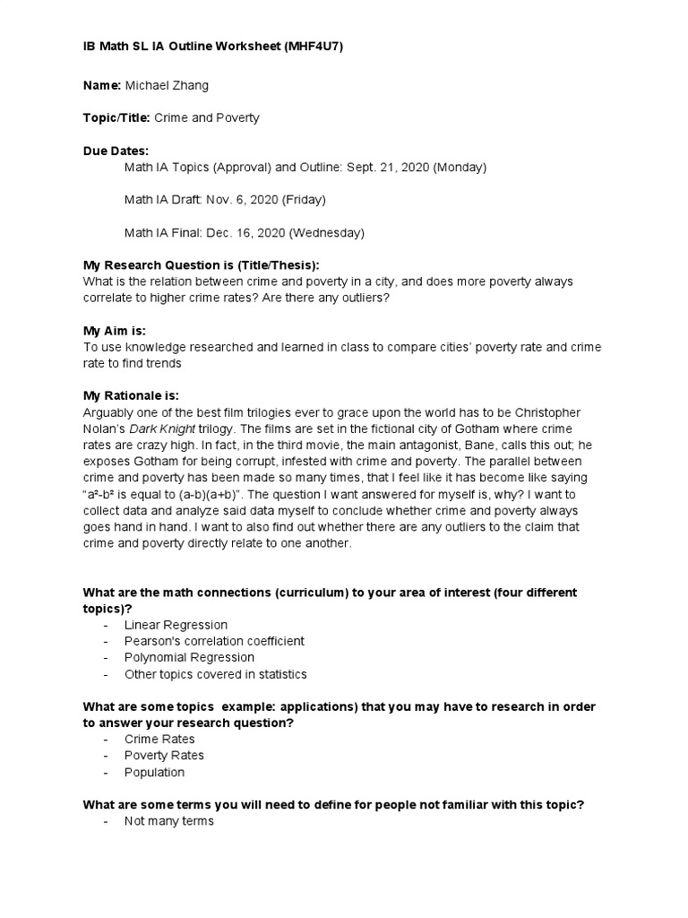 IB Math SL IA Outline Worksheet (Third Attempt) PDF | PDF